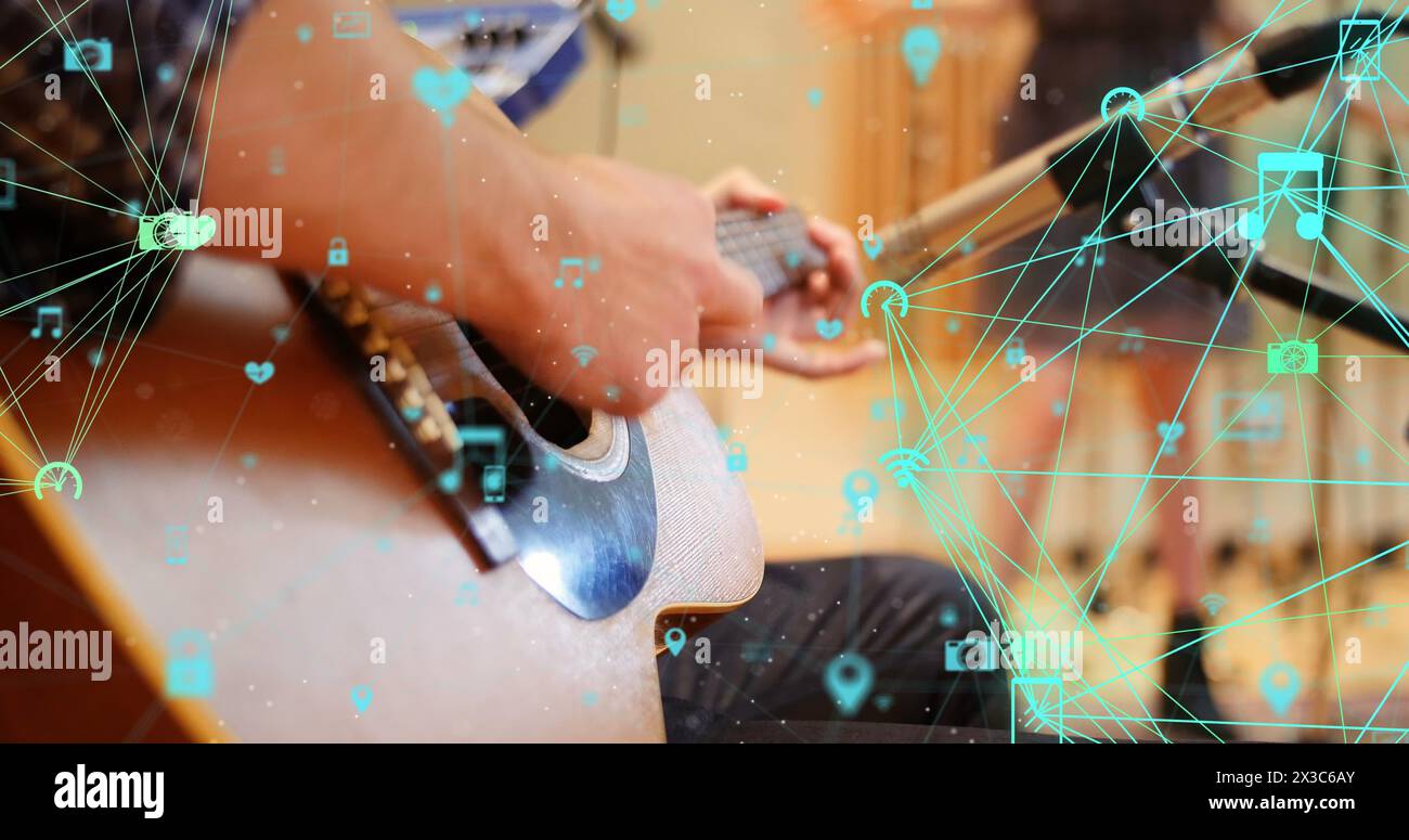 Image of network of connections of digital social media interface icons ...