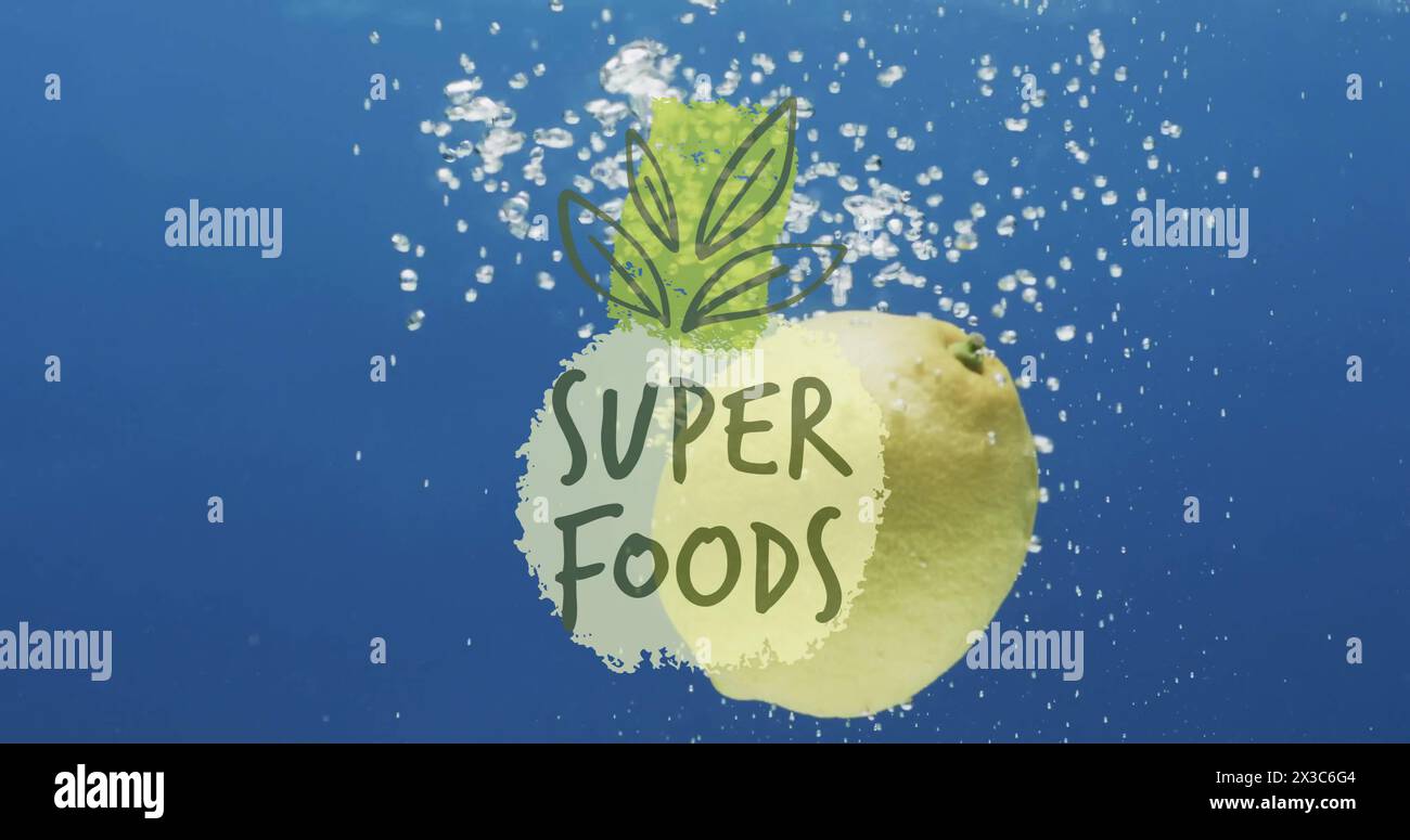 Image of super foods text over fruit falling in water background Stock ...