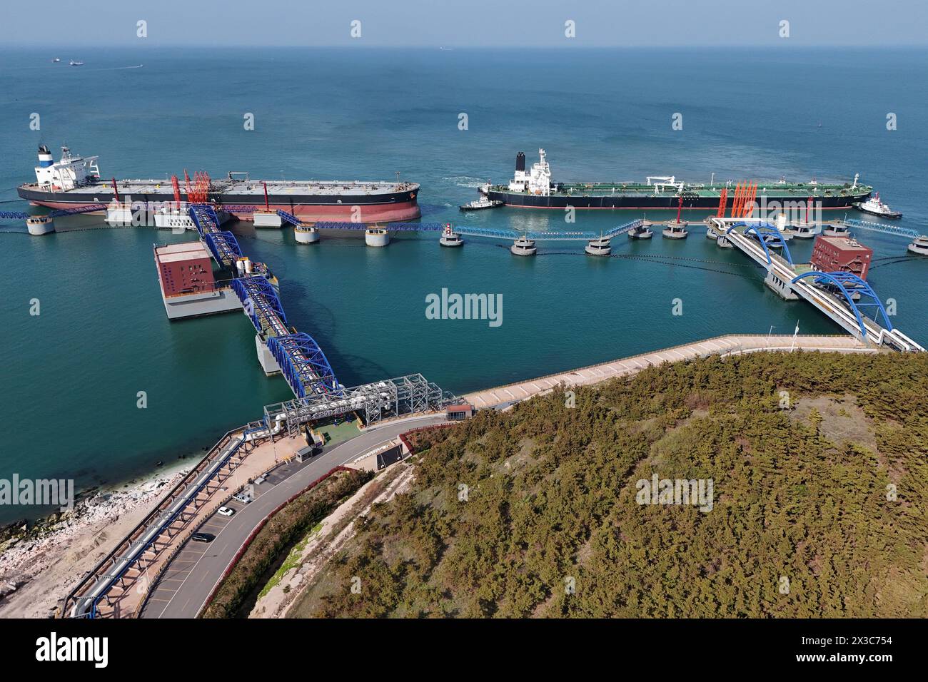 YANTAI, CHINA - APRIL 25, 2024 - A very large oil tanker, assisted by a ...