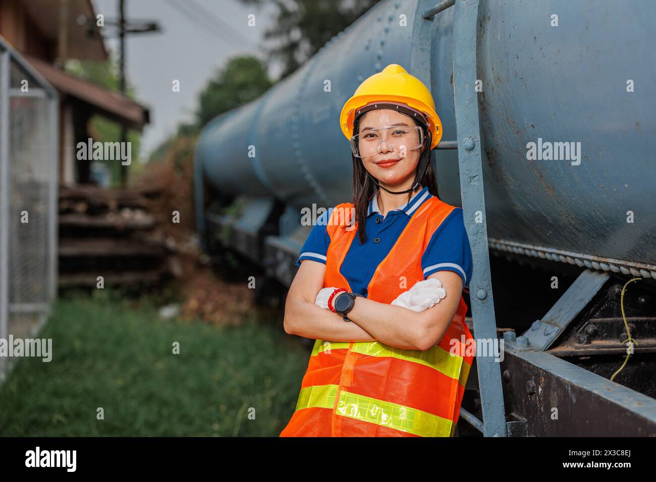 portrait train locomotive engineer women worker. Happy Asian young teen smiling work at train ...