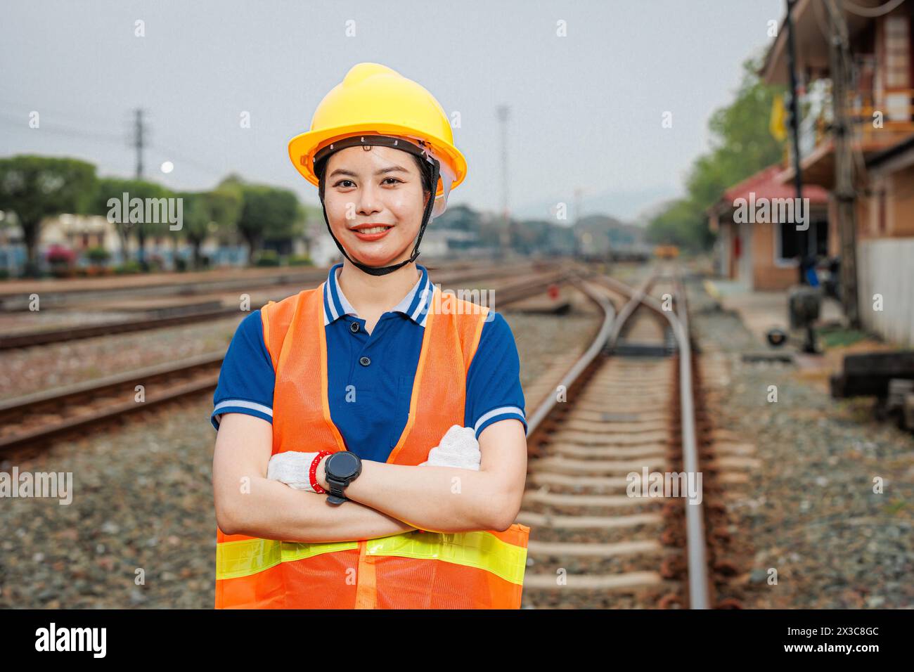 portrait train locomotive engineer women worker. Happy Asian young teen smiling work at train ...