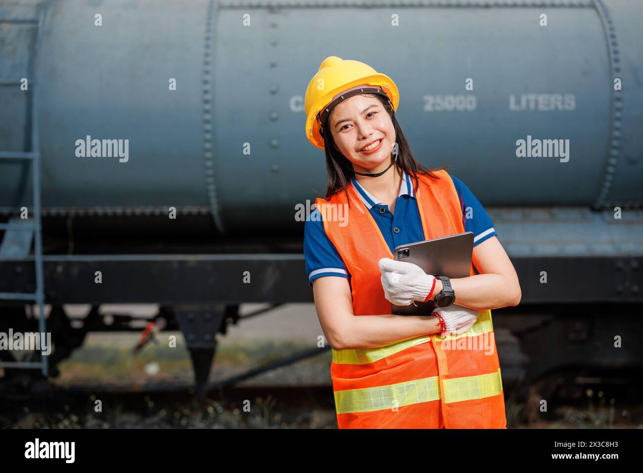 portrait train locomotive engineer women worker. young Asian teen happy ...