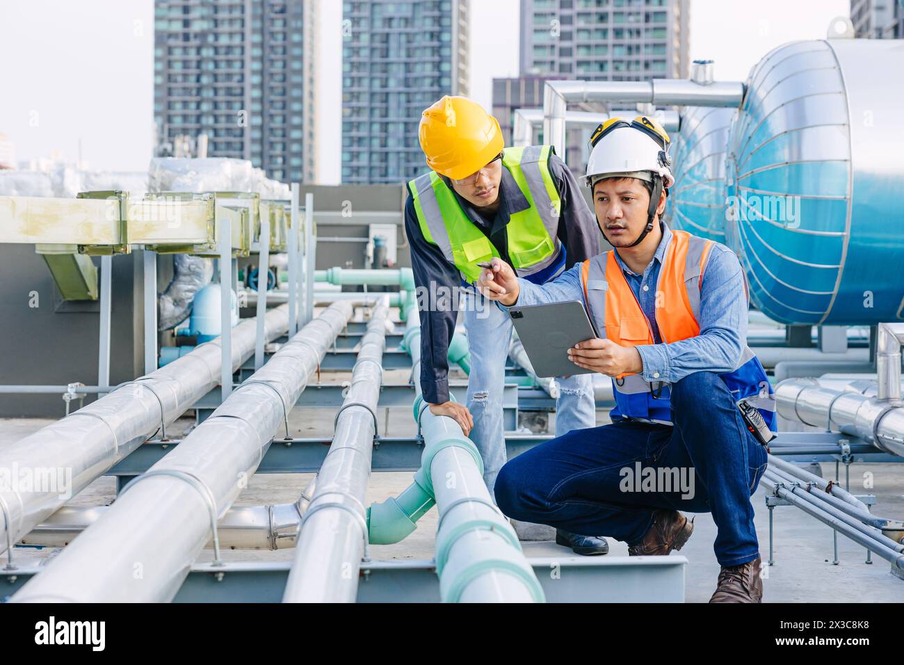 engineer teamwork technician workers service hotel boiler tank hot ...