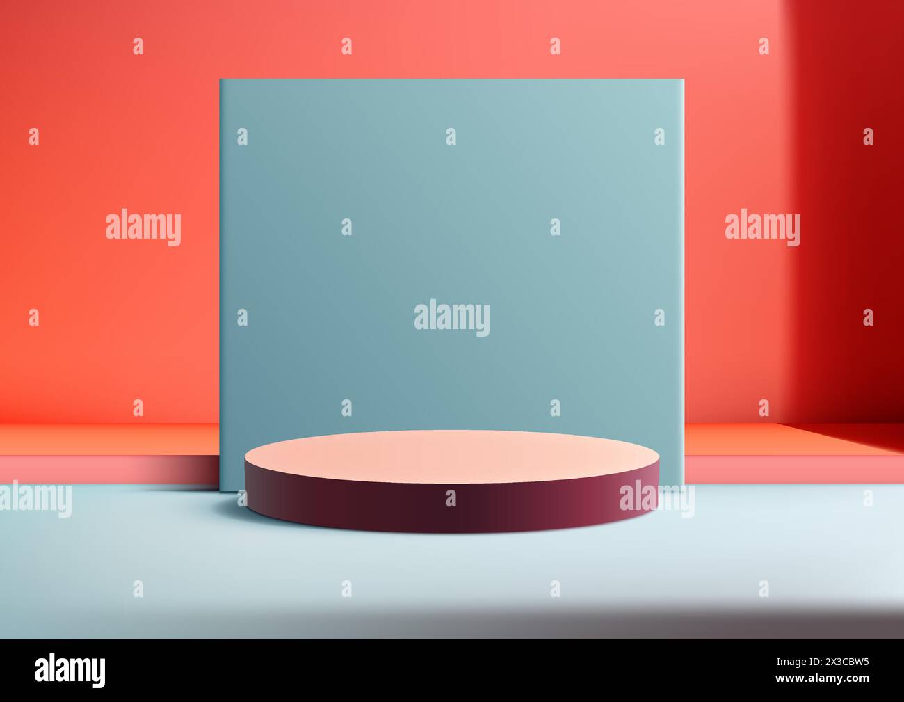 3D realistic red color podium with blue square backdrop on the stair ...