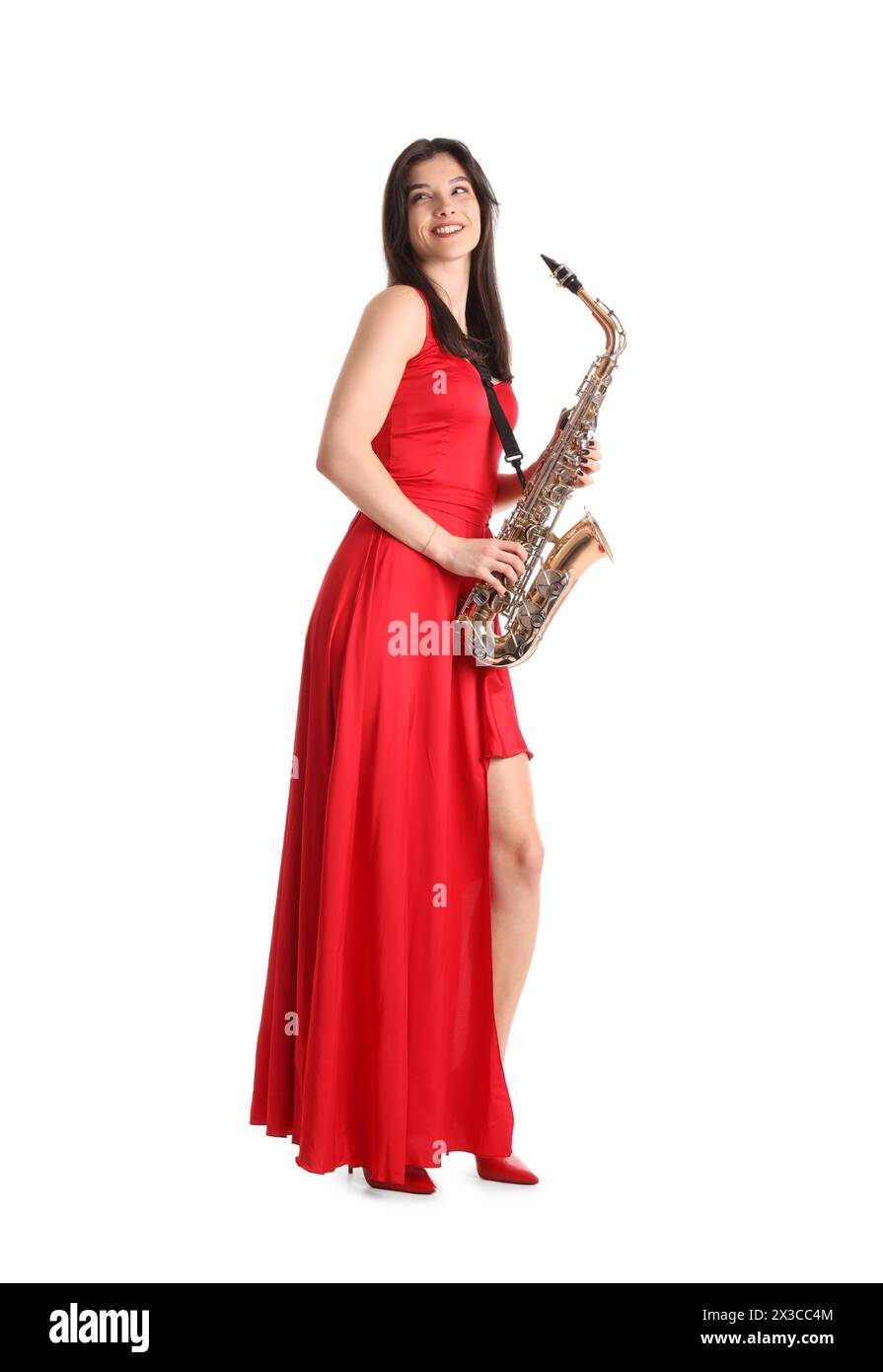 Beautiful woman with saxophone on white background Stock Photo - Alamy