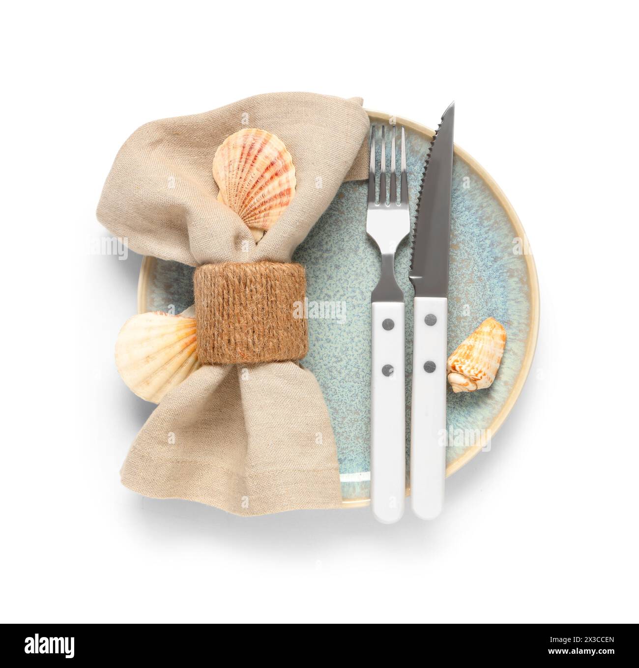 Beautiful table setting with seashells on white background Stock Photo ...