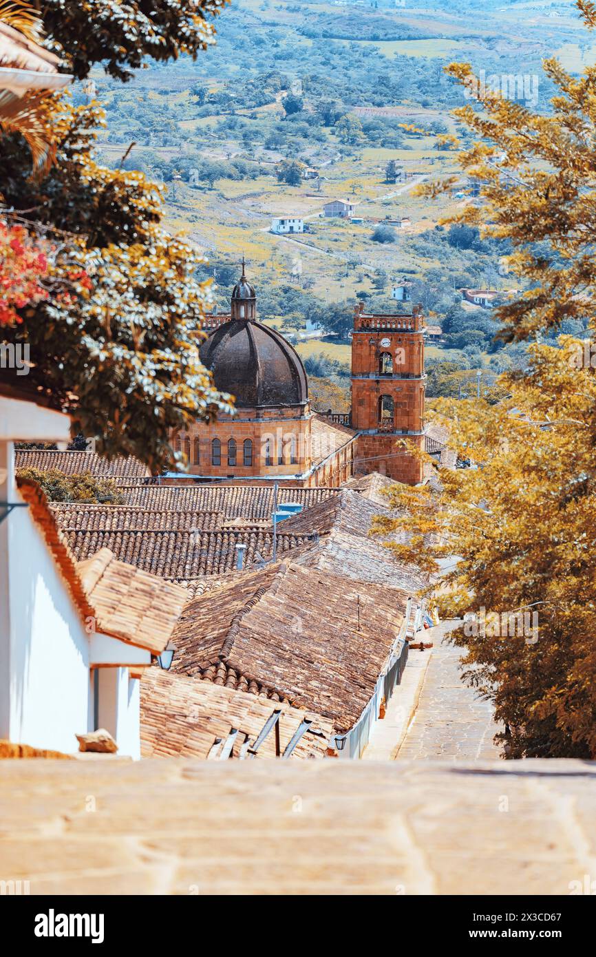 Narrow street of heritage town Barichara. Historic city in Santander ...
