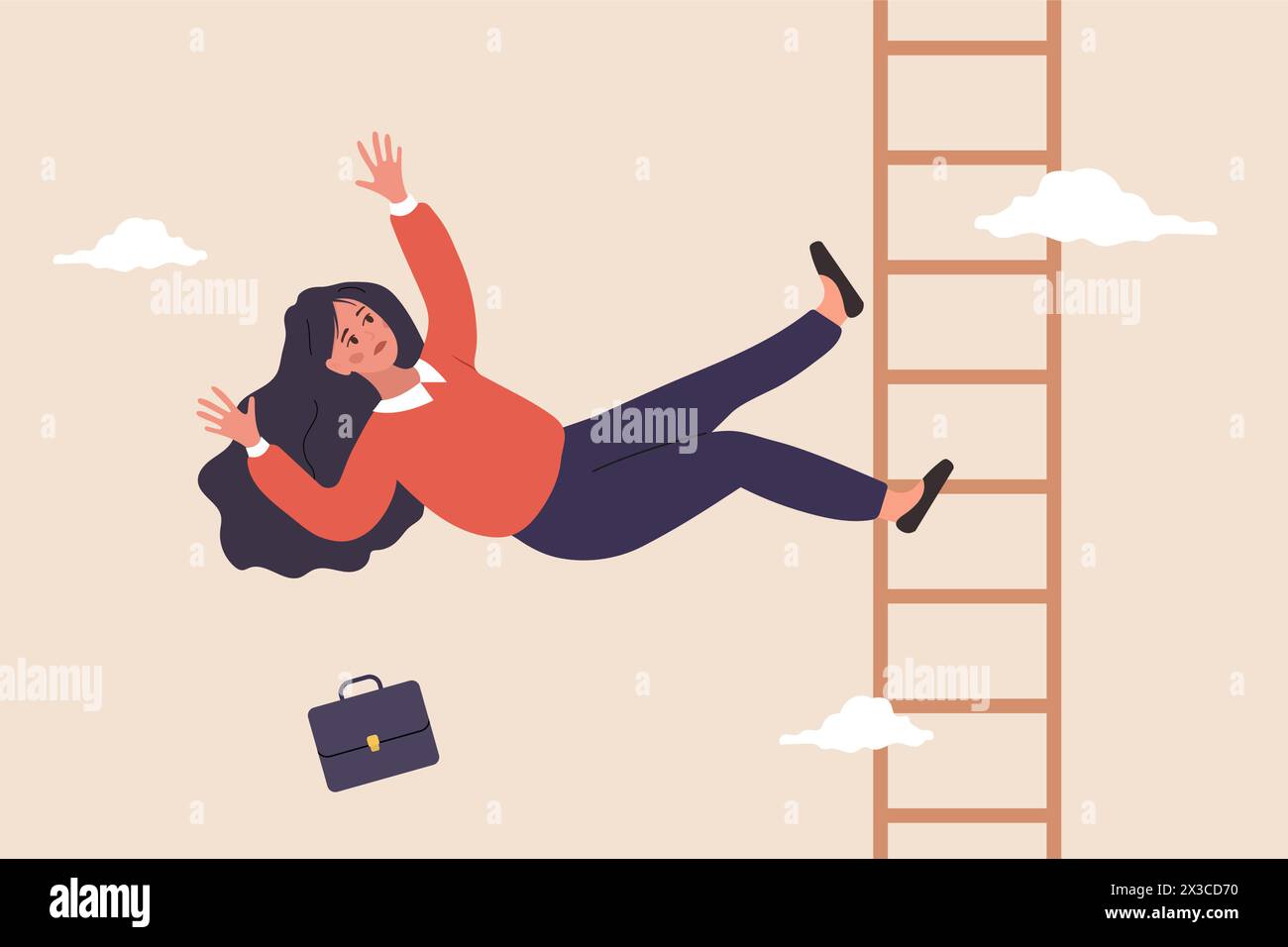 Woman falling down the career ladder. Troubles and problems on work ...