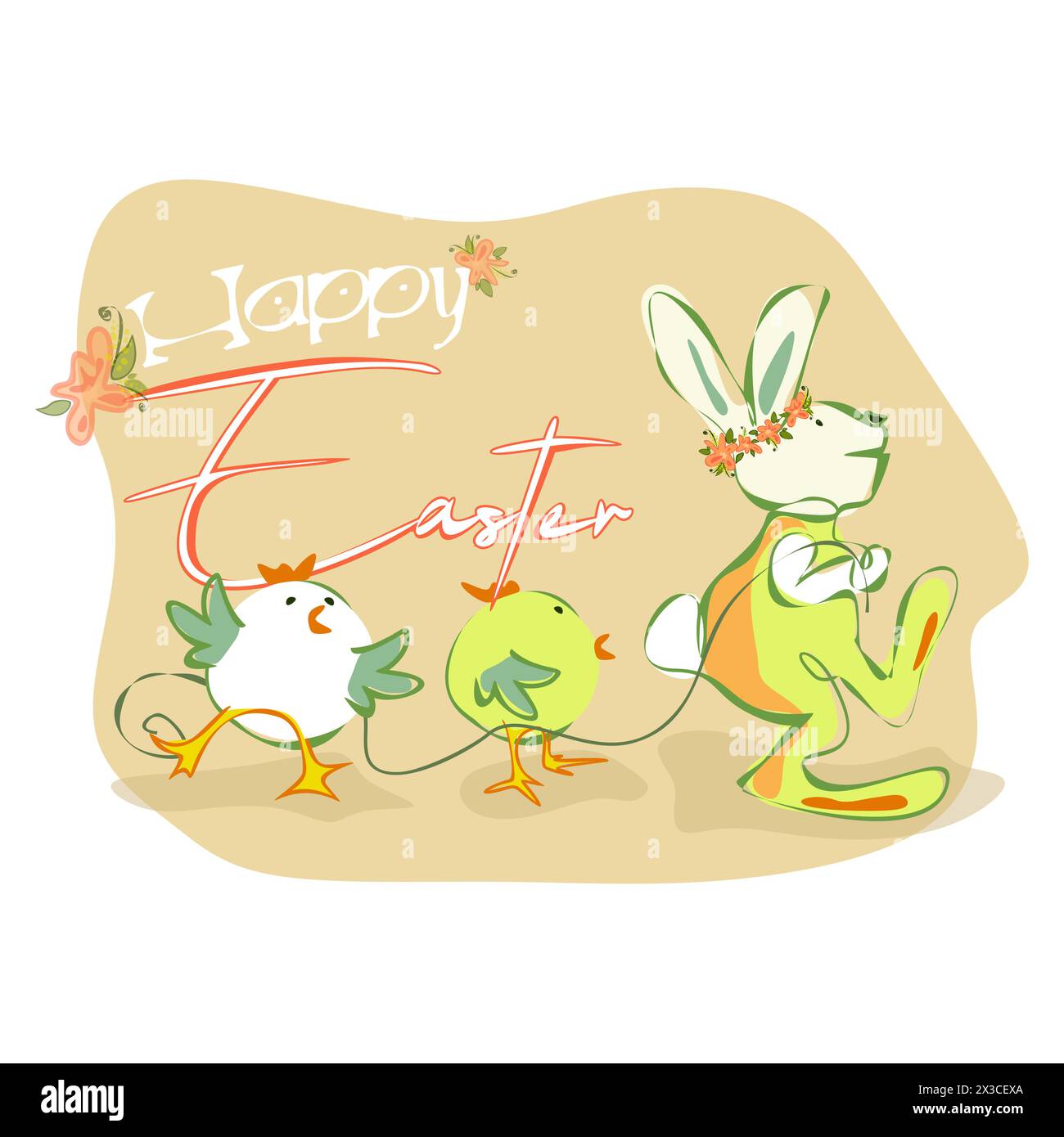 Happy Easter greeting card with cute chickens and bunny. Animal ...