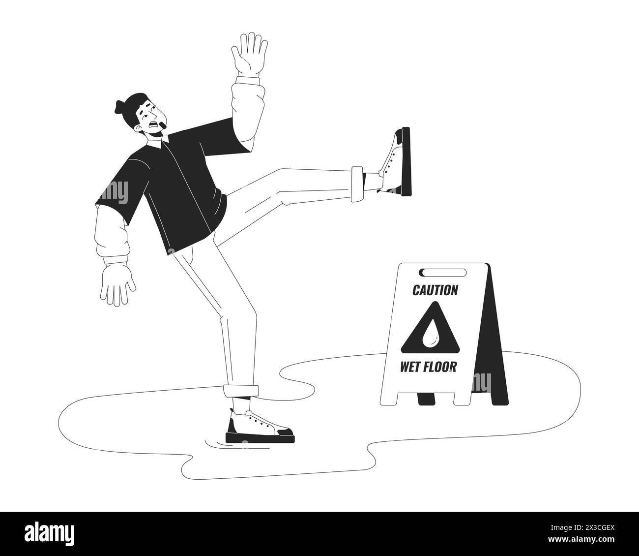 Caucasian man falling on wet floor black and white cartoon flat ...