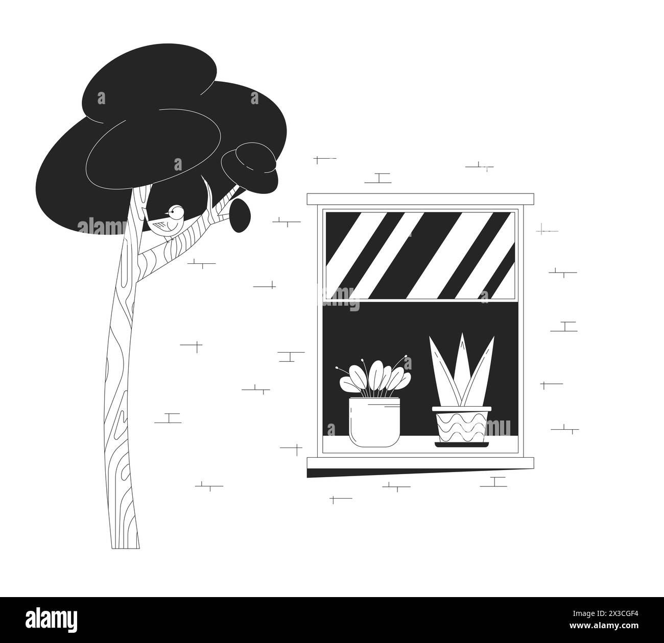 Bird on tree near open window building black and white cartoon flat ...