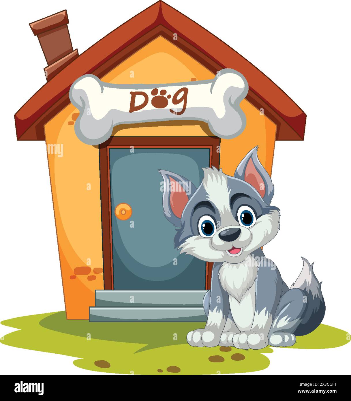Cute animated puppy sitting by its colorful house Stock Vector Image ...