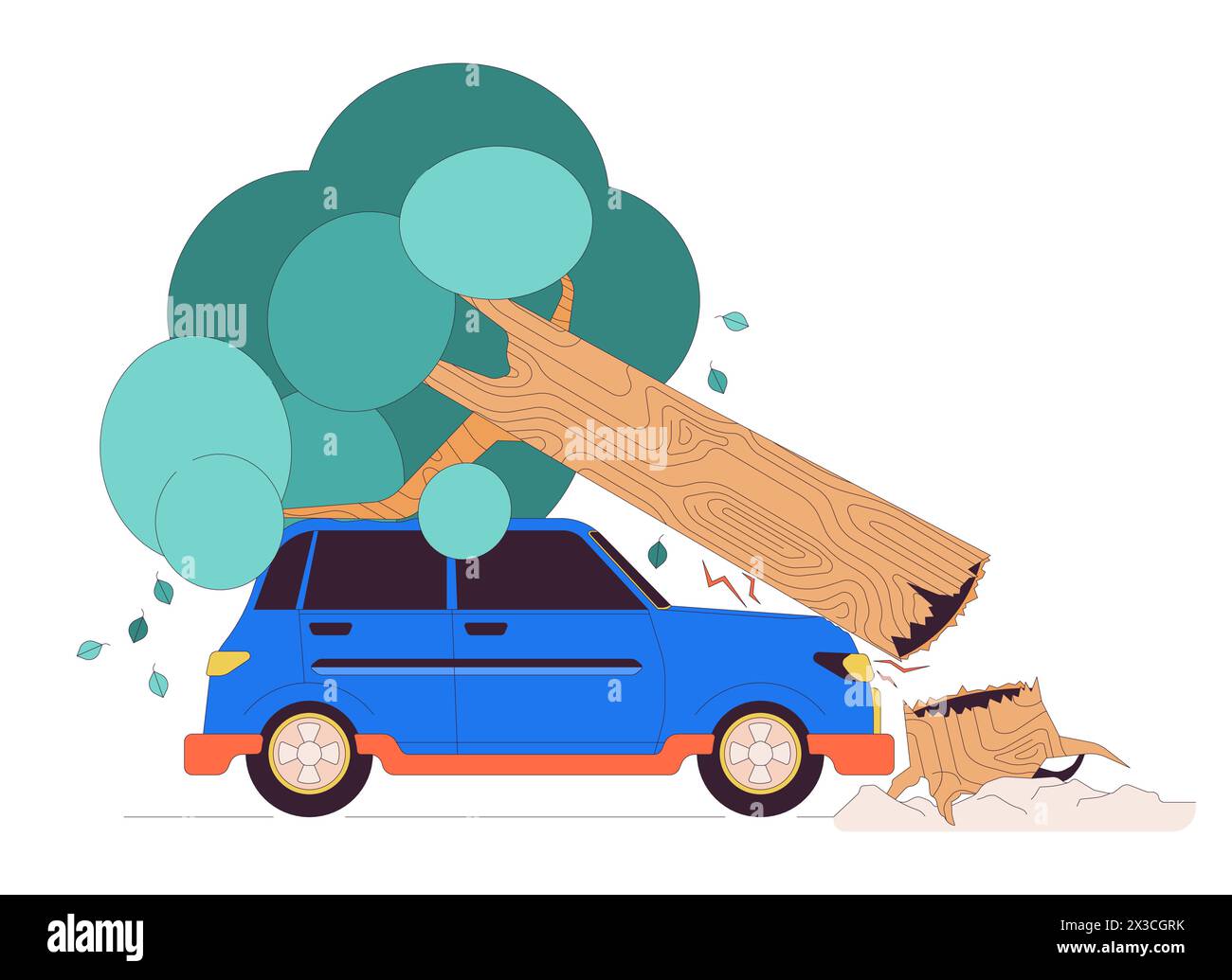 Tree falling down onto car line cartoon flat illustration Stock Vector ...