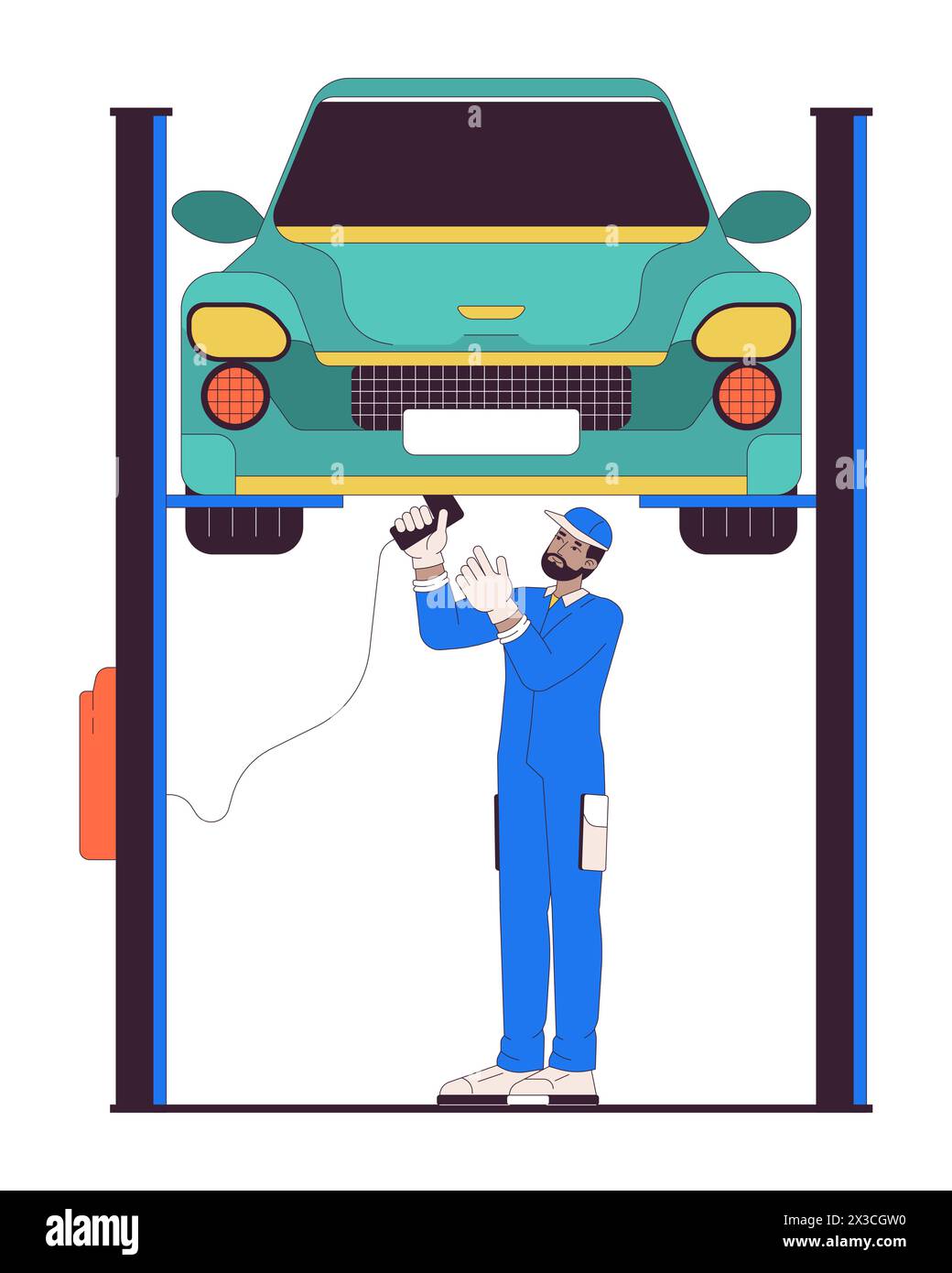 Black man mechanic repairing car on elevator line cartoon flat ...