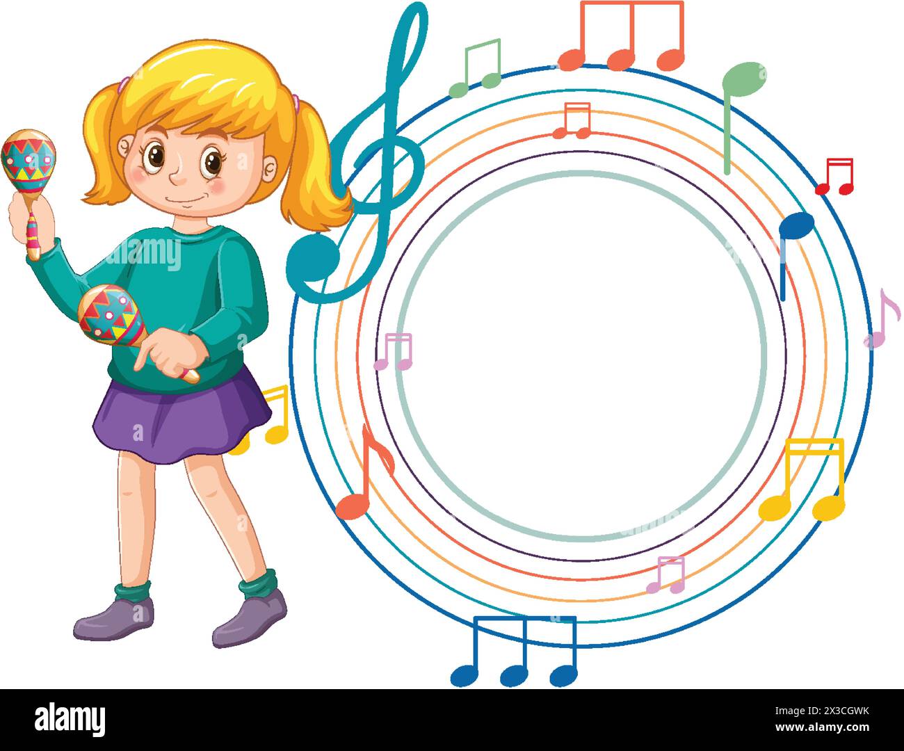 Young girl playing maracas with colorful musical notes Stock Vector ...