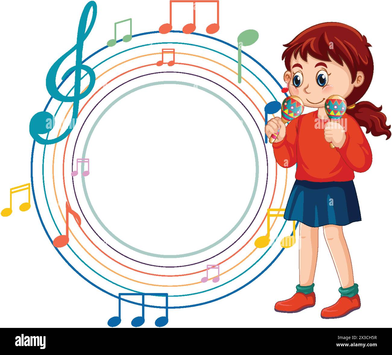Cartoon girl with maracas surrounded by colorful music notes Stock ...