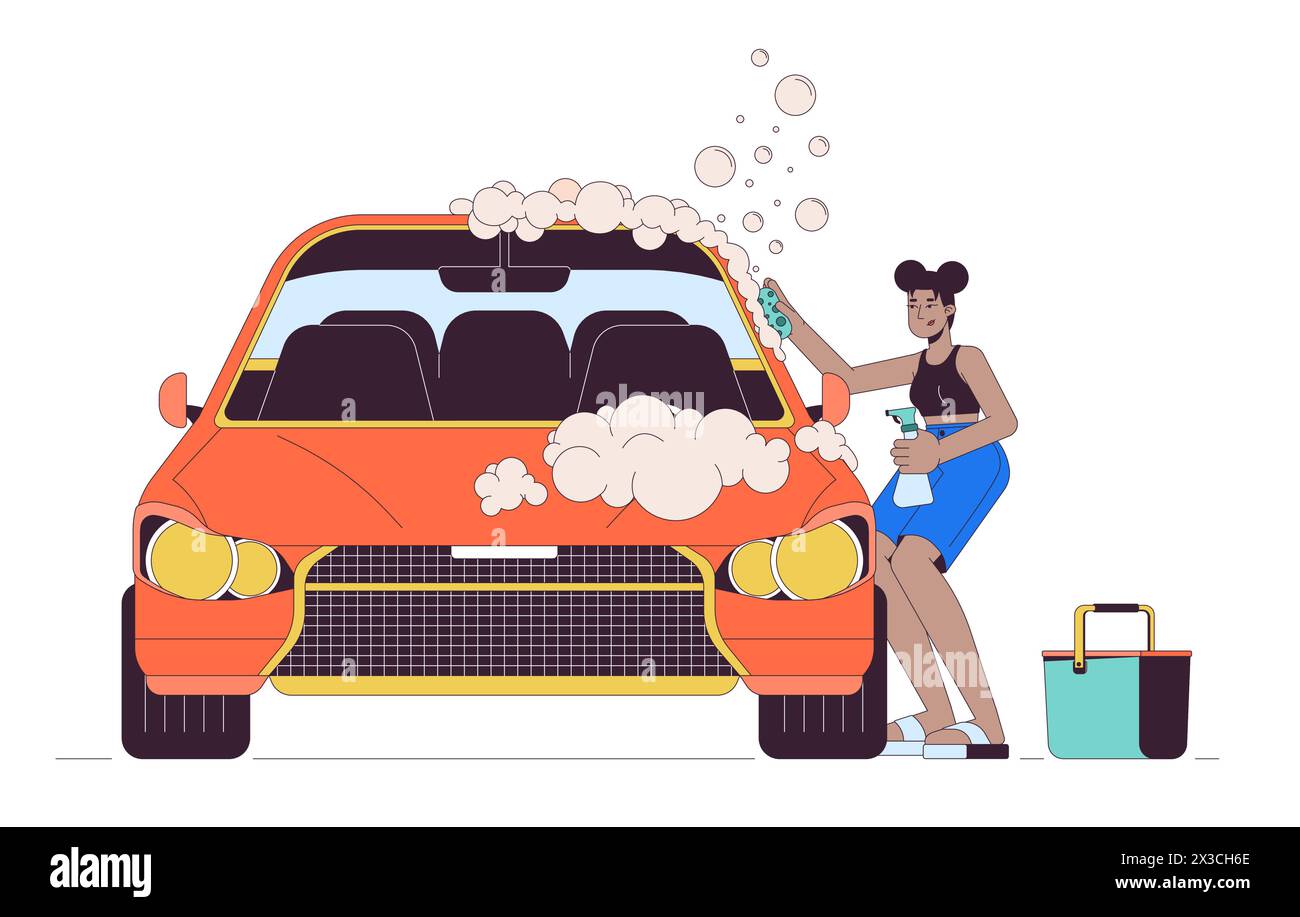African american woman washing car line cartoon flat illustration Stock ...