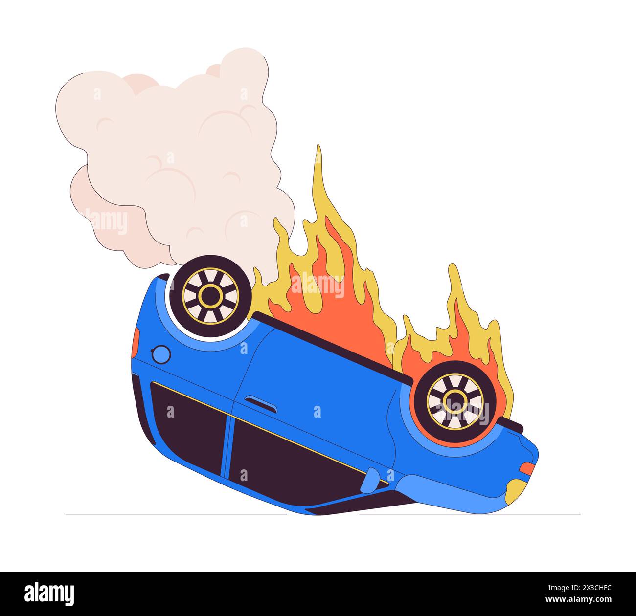 Car burning on accident line cartoon flat illustration Stock Vector ...