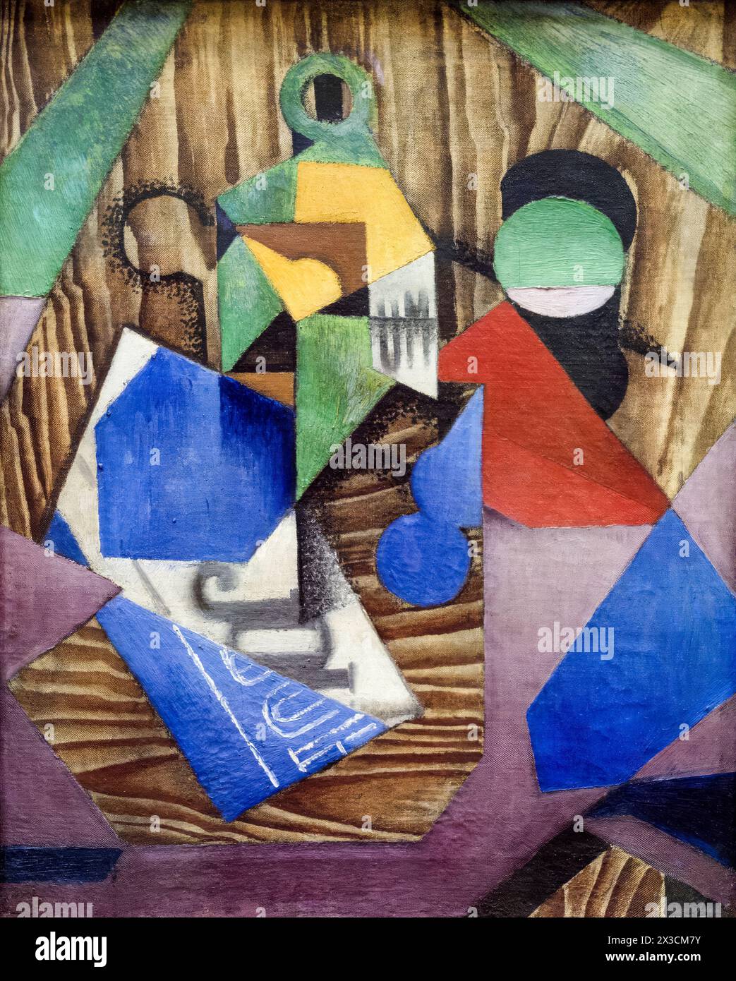 Juan Gris, Bottle of Rum and Newspaper, abstract painting in oil on ...