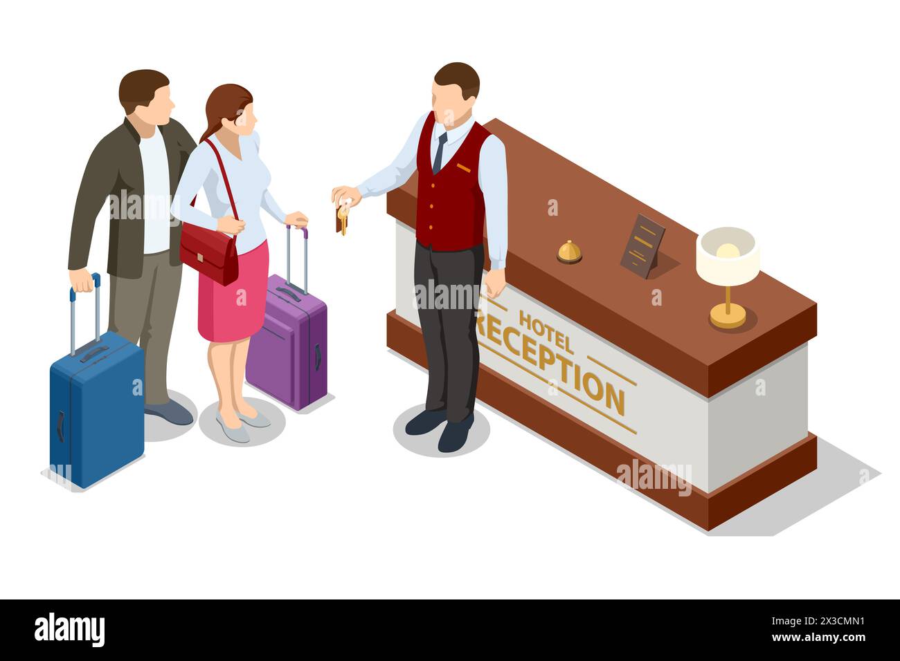 Isometric Hotel Reception Interior. Reception Desk. Man Receptionist ...