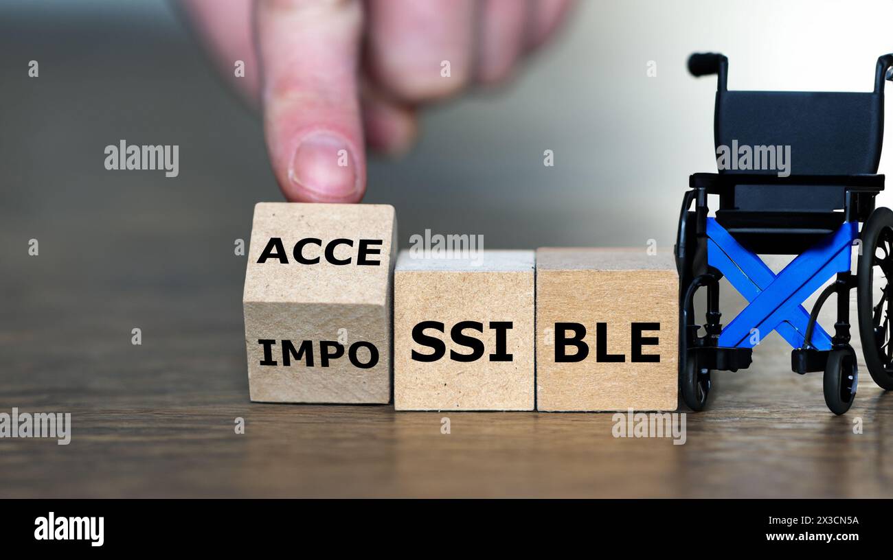 Hand turns cube and changes the word impossible to accessible. Symbol ...