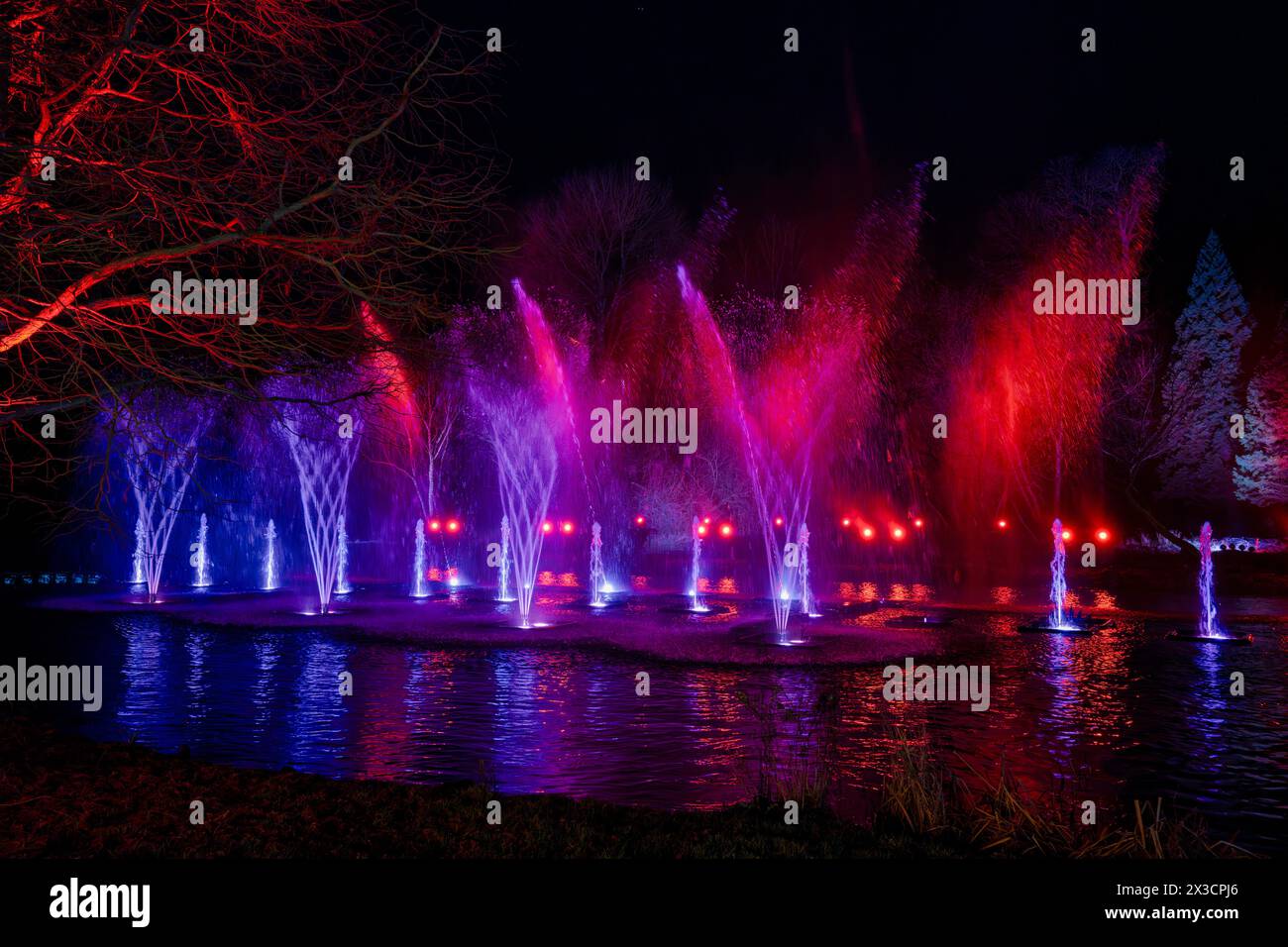 Water feature on the River Glyme, part of the Blenheim Christmas lights ...