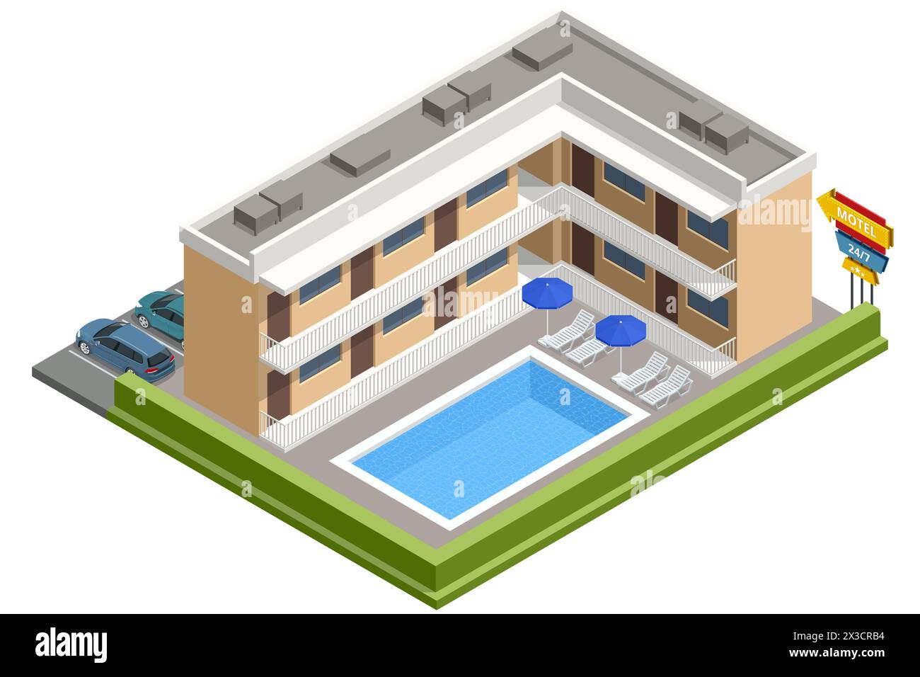 Isometric motel or hotel building. Modern hotel or motel building with ...