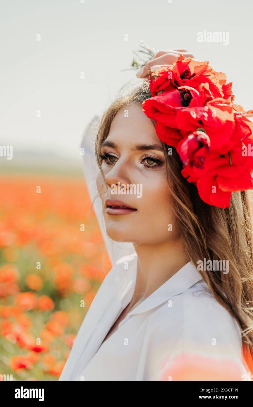 Woman Poppies Field Side View Of A Happy Woman With Long Hair In A Poppy Field And Enjoying The