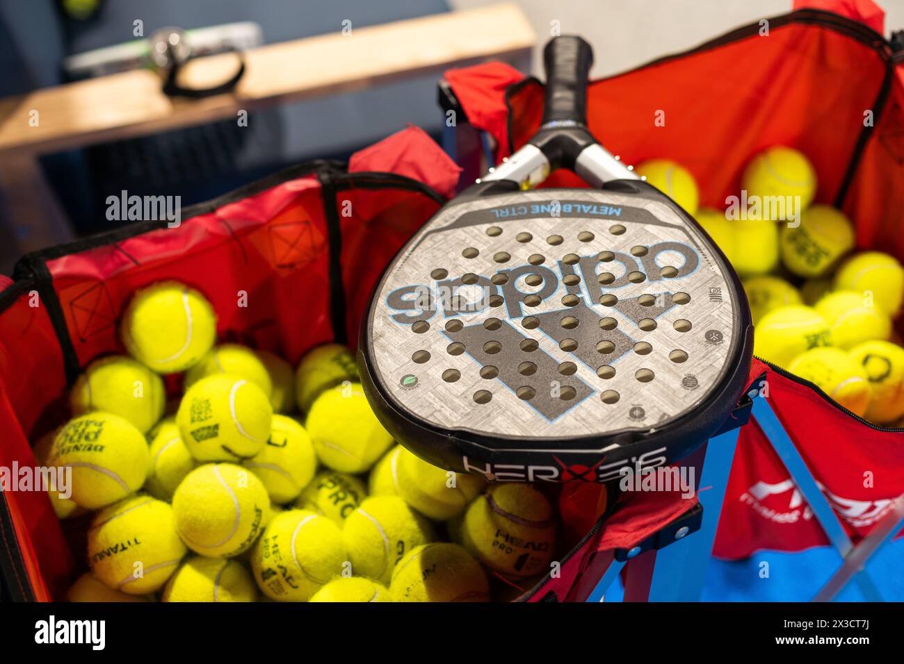 Kyiv, Ukraine, April 18, 2024. Black professional paddle tennis racket ...