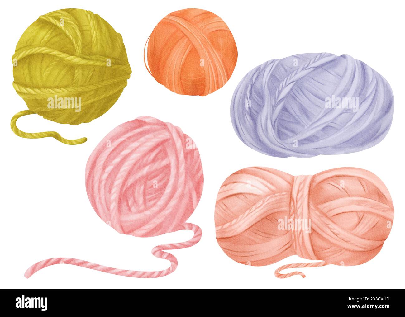 Watercolor set of knitting yarn balls. Isolated objects featuring ...