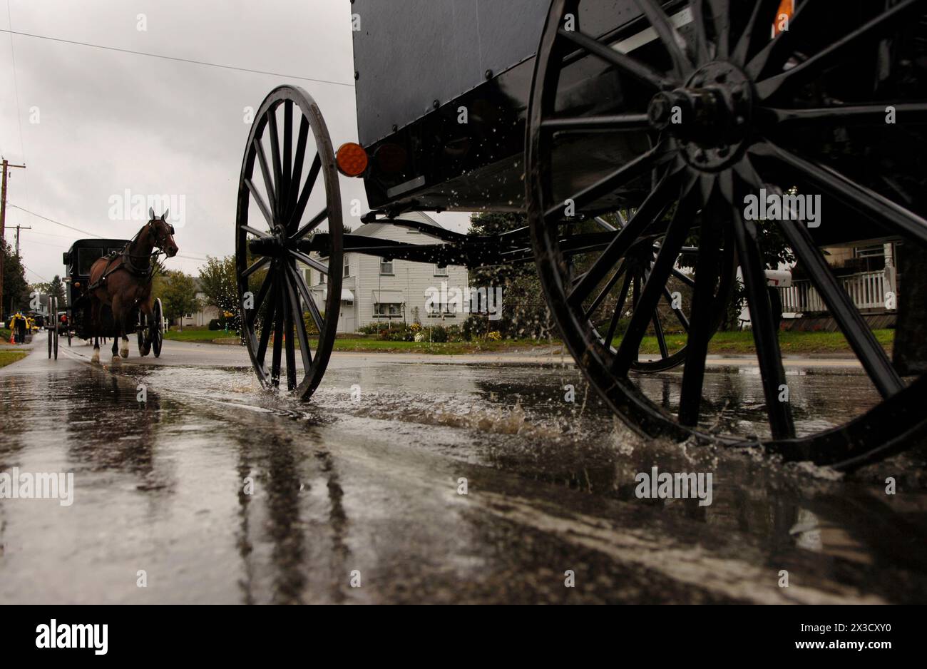 Horse and buggies drive on a wet road, making up a funeral procession ...