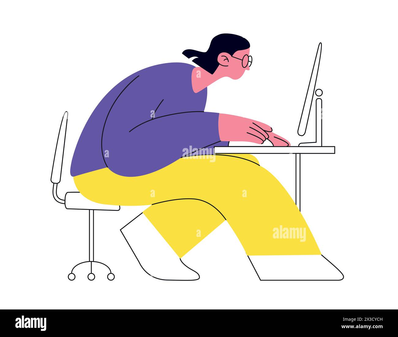 Vector illustration of an woman working at computer. Deep concentration ...