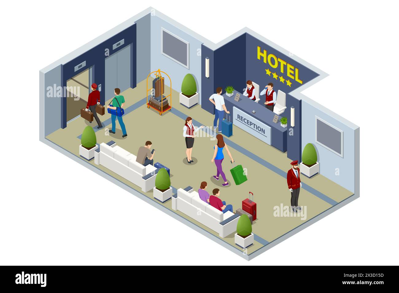 Isometric Hotel Reception Interior. Reception Desk. Man Receptionist ...