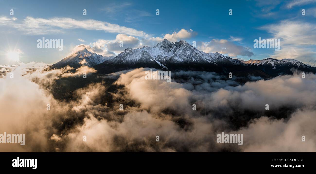 Tatranska Lomnica, Slovakia - Aerial panoramic view of the snowy peaks ...