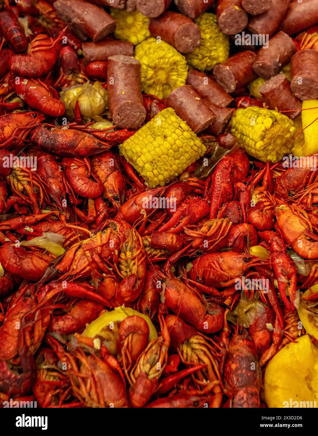 Sausage, potato, crawfish and corn feast Stock Photo - Alamy