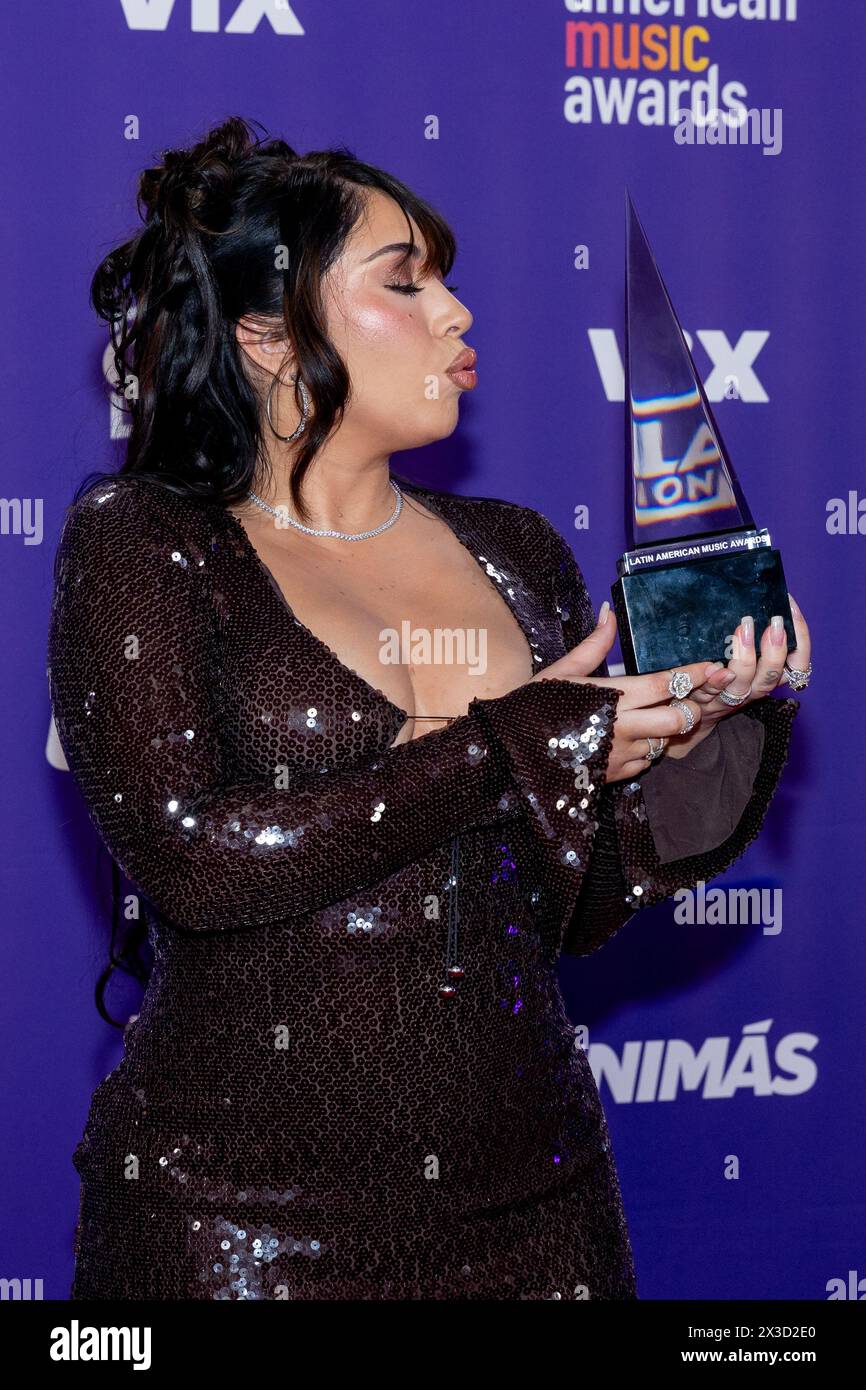 Las Vegas, USA. 25th Apr, 2024. Kali Uchis shows off her award at the ...
