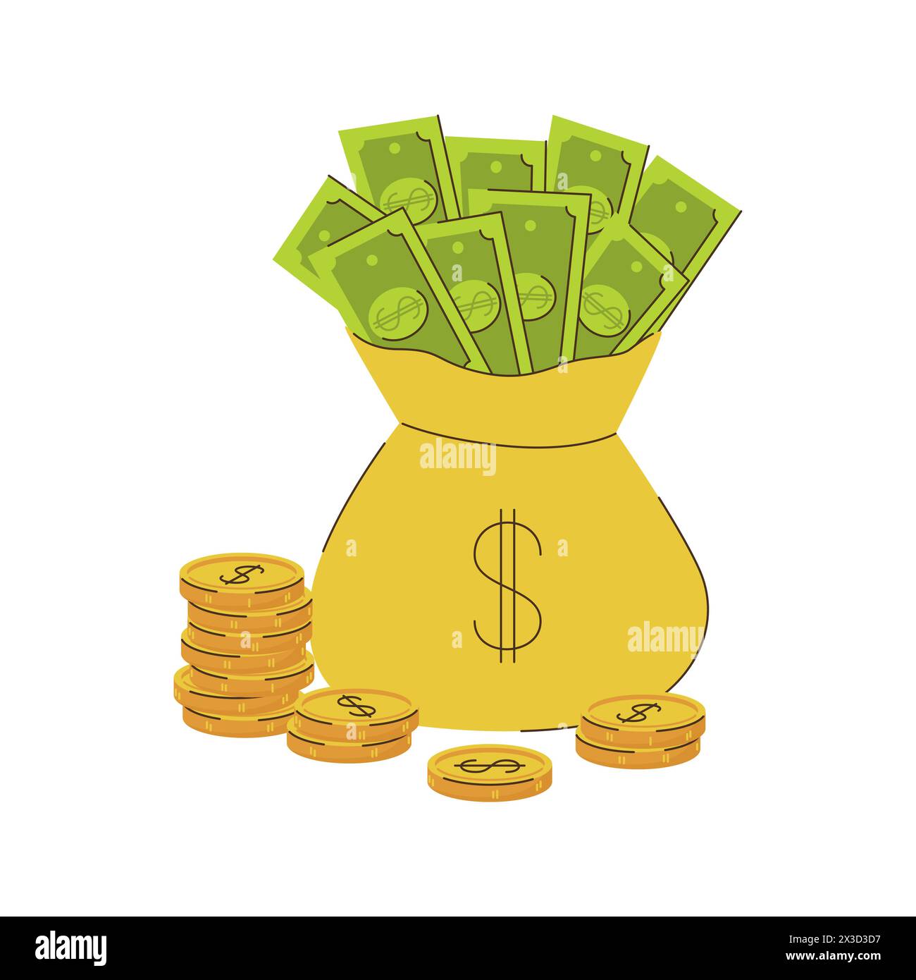 A yellow bag with a dollar sign overflowing with paper dollars. Stacks ...