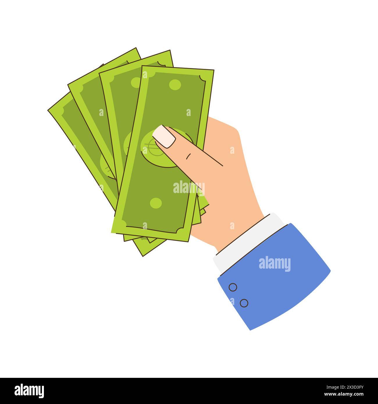 A hand holding a stack of green bills. The hand is wearing a blue suit ...