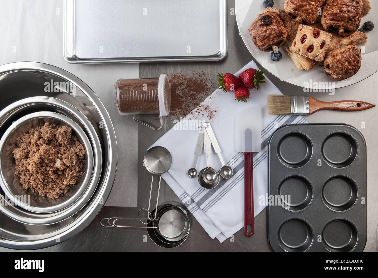 Top-down view of baking tools and fresh pastry ingredients Stock Photo ...