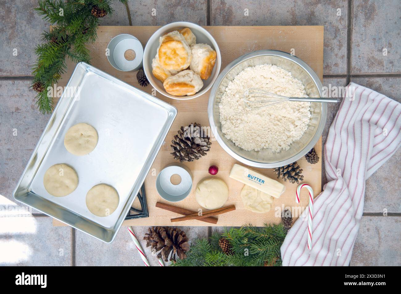 Baking setup with dough and festive holiday decorations Stock Photo - Alamy