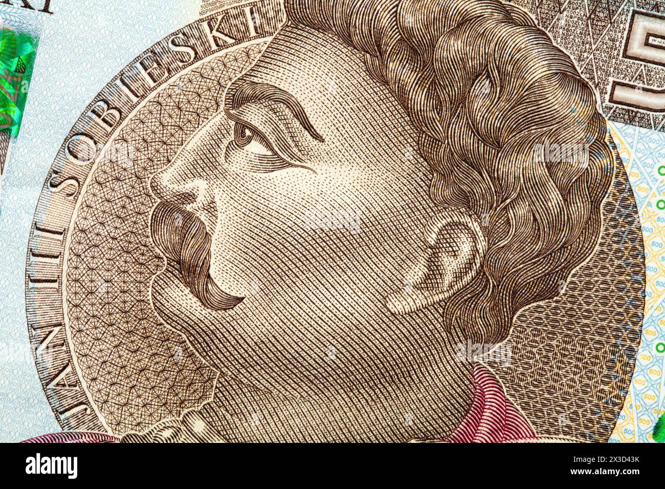 Polish five hundred zloty, 500 PLN. Macro of Jan III Sobieski face on ...