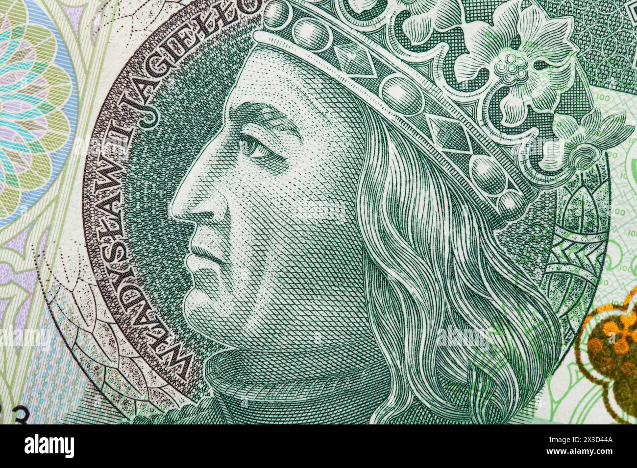 Polish one hundred zloty, 100 PLN. Macro of Wladyslaw II Jagiello face ...