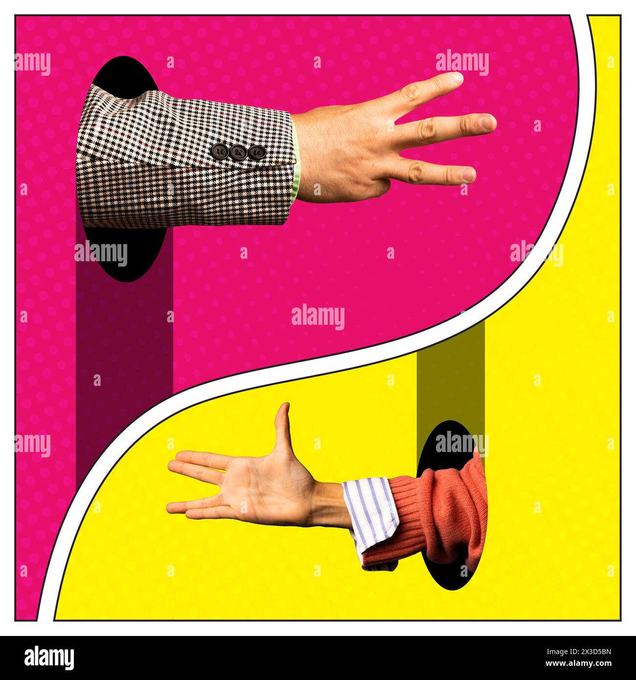 Two male hands sticking out a hole and gesturing, showing figures with ...