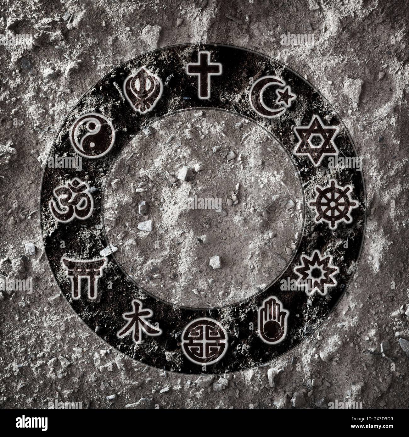 Symbols of various world religions in circle on gray textured earth ...