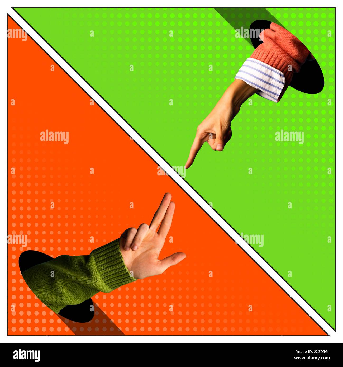 Male and female hands sticking out opposite holes on green and orange ...