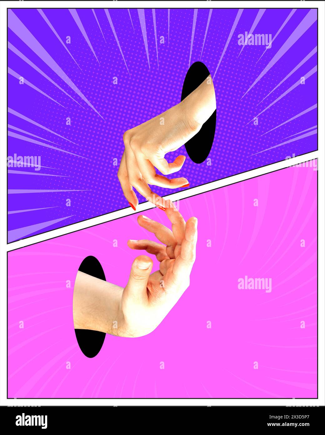 Male and female hands sticking out hole and reaching each other against ...