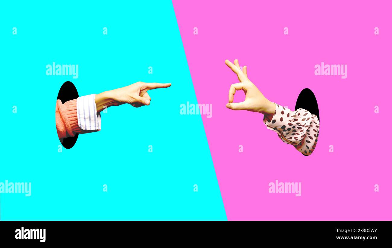 Male and female hands sticking out holes on blue pink background and ...