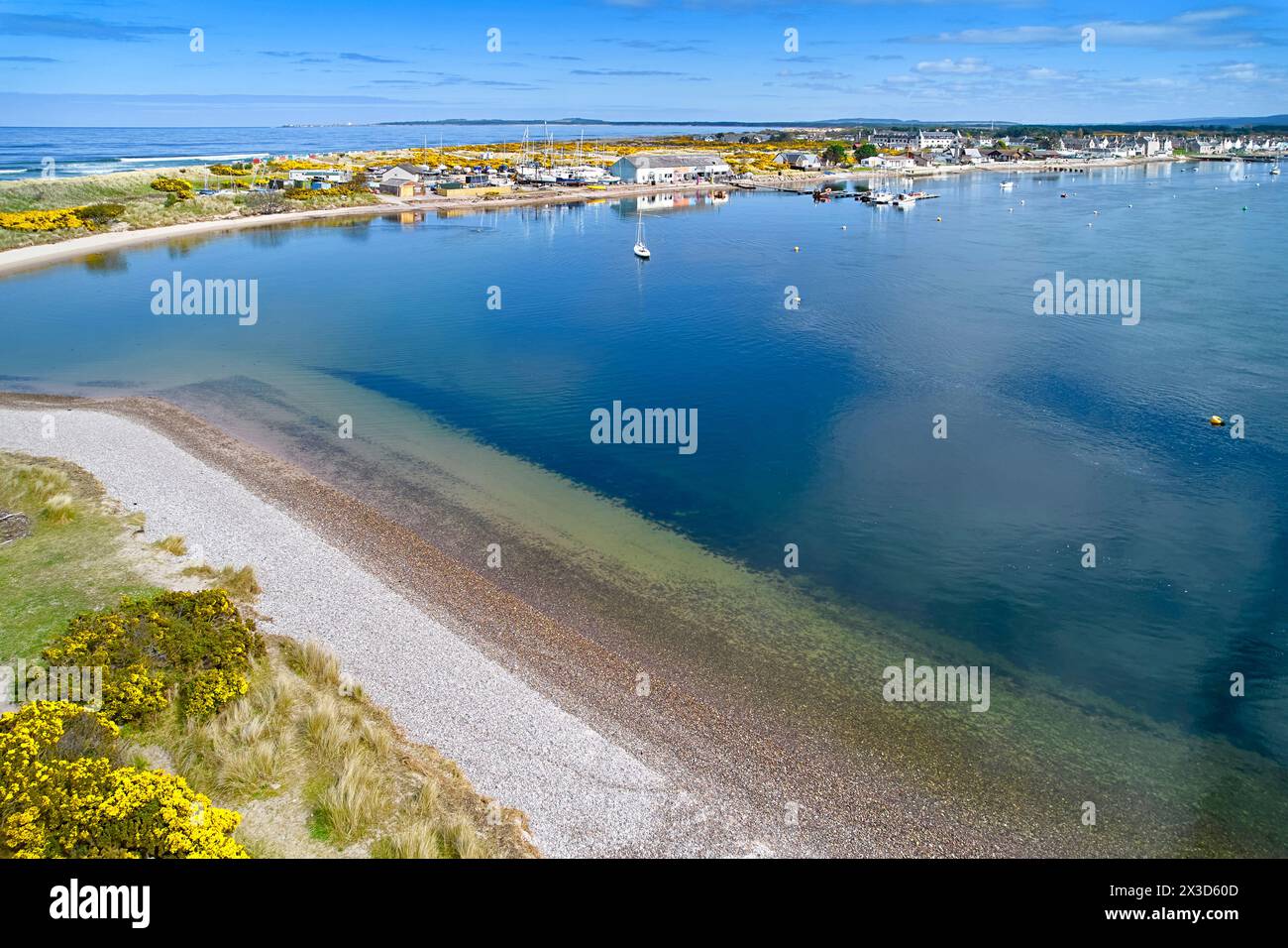 Findhorn Moray Coast Scotland blue sky in Spring over the peninsula the ...