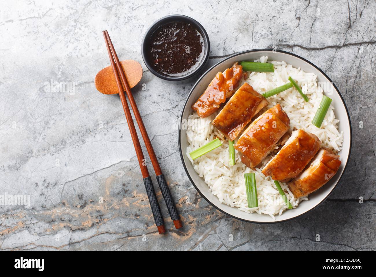 Chinese Food Soy Sauce Chicken or See Yao Gai served with rice and ...