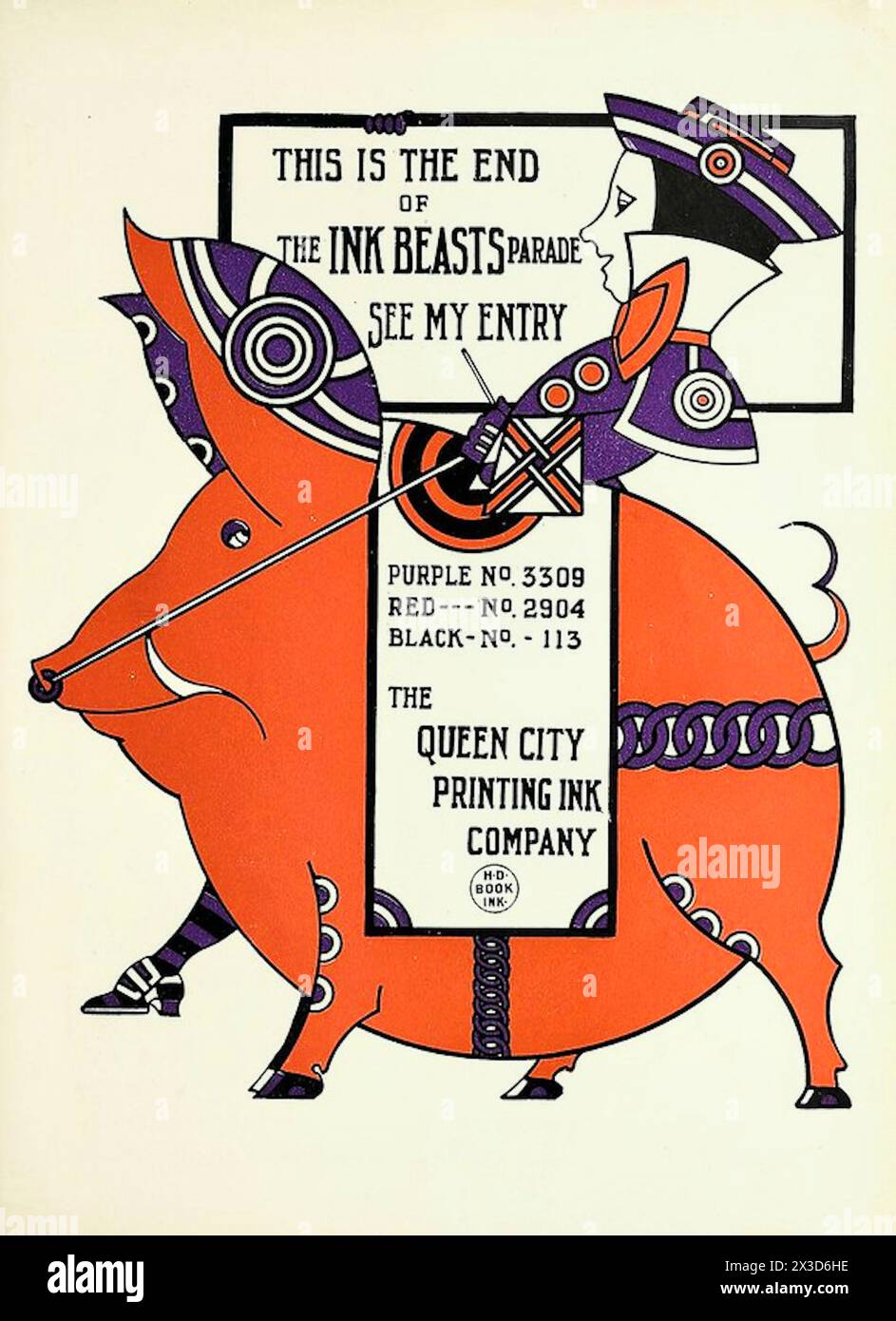 Ladt riding red and purple pig. Vintage Queen City Pinting Ink Co ...